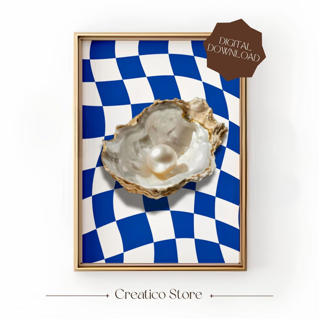 Oyster Wall Art Blue Checkerboard Print – Coastal Kitchen Decor Ocean ...