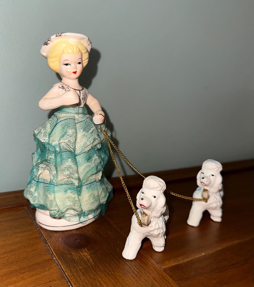 Vintage Ceramic Figurine, Girl in Lace Dress Walking 2 Poodles - Etsy