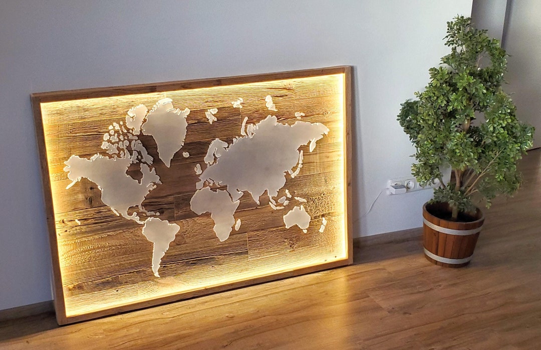 Wood Map Worldmap Led Lights Handcraft Gift - Etsy