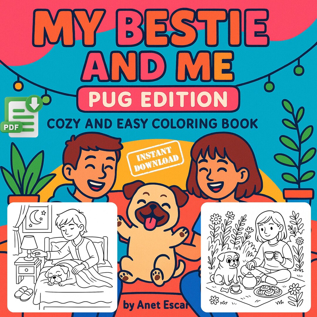 Pug Coloring Book for Adults & Kids, Dog Coloring Book, Digital ...