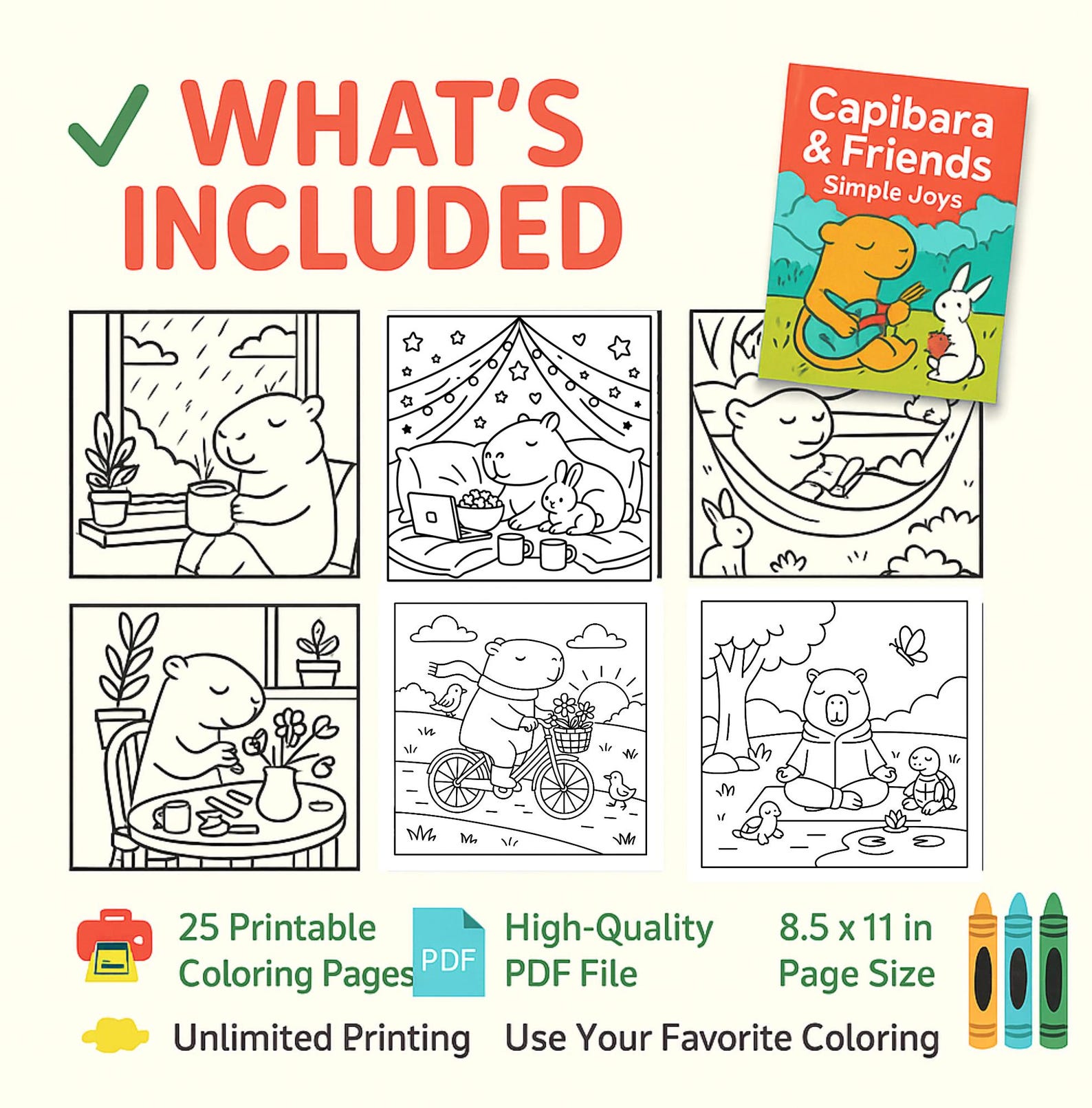 Capibara and Friends Coloring Book | Cute Animal Coloring Pages for ...