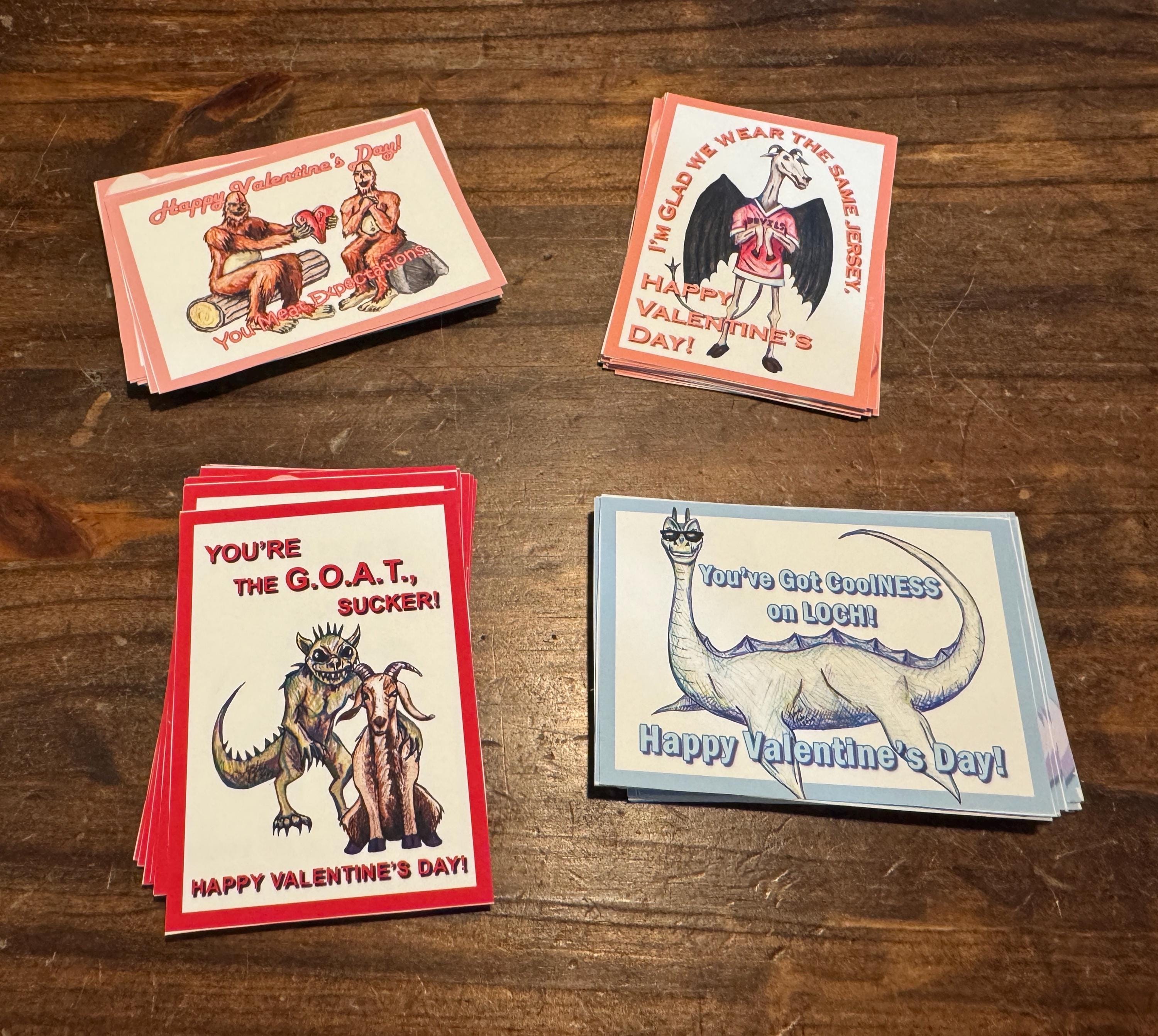 Printable Cryptid Valentine's Day Cards 4 Designs, Bigfoot, Chupacabra ...