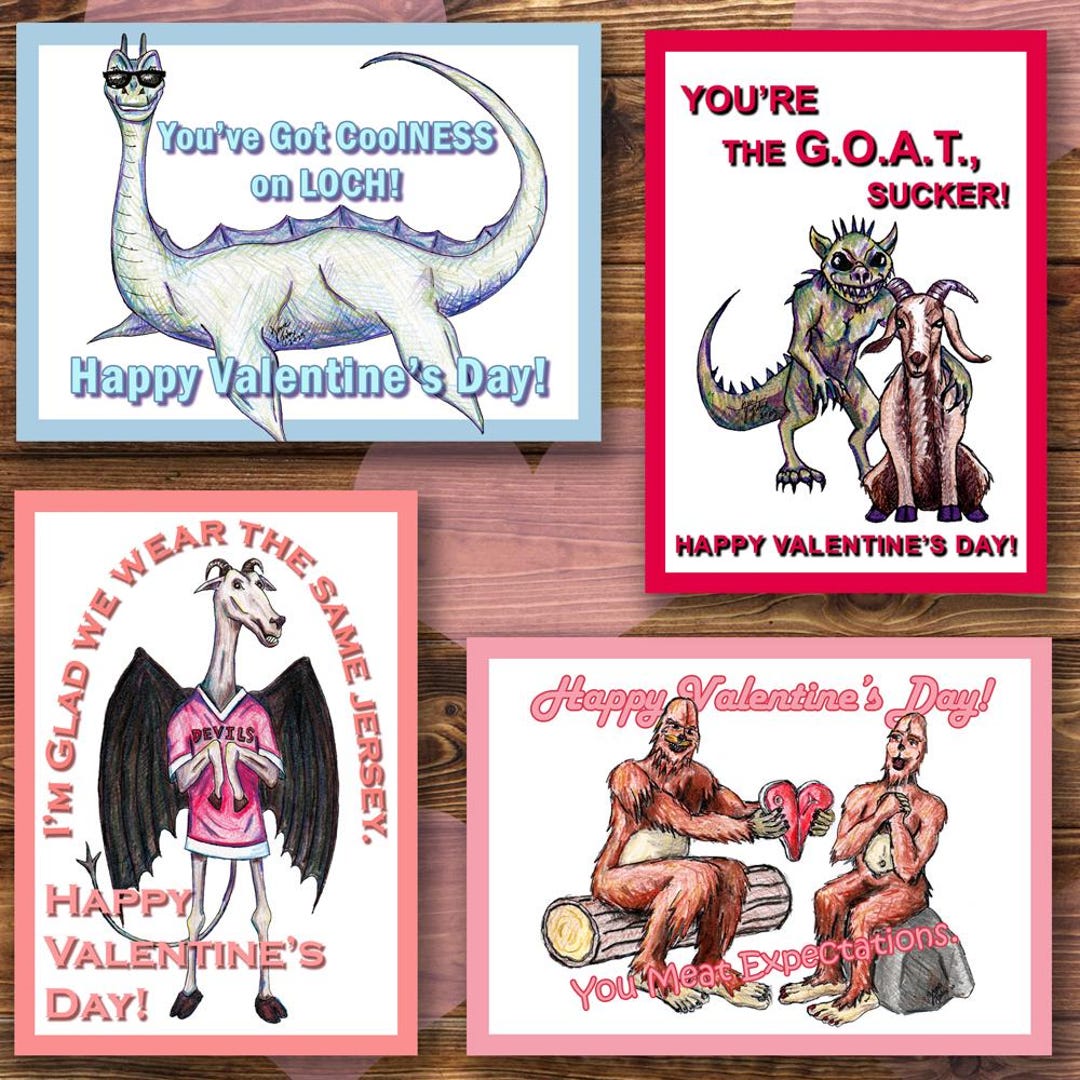 Printable Cryptid Valentine's Day Cards 4 Designs, Bigfoot, Chupacabra ...