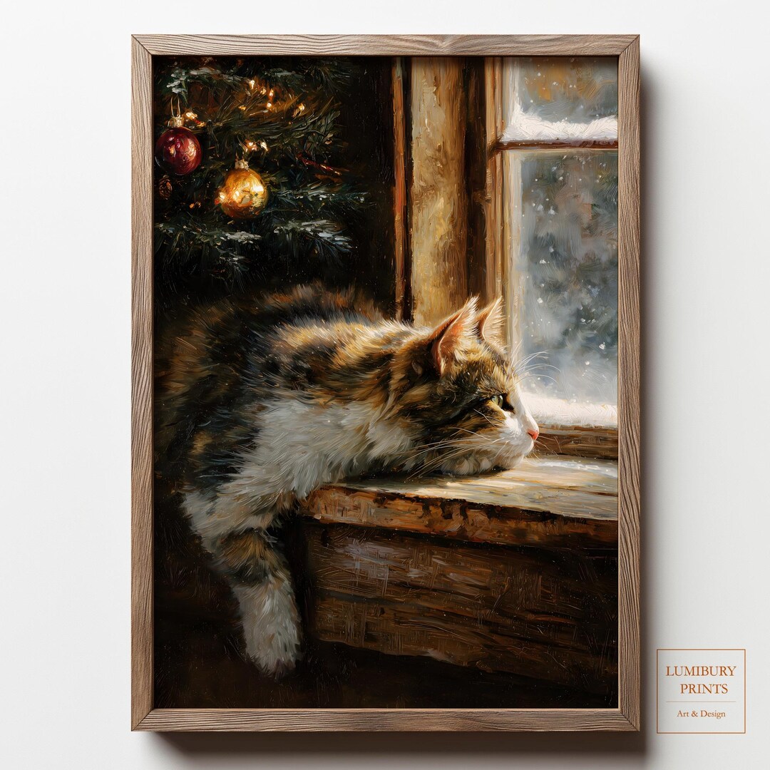 Christmas Cat Wall Art, Christmas Tree Print, Christmas Window Poster ...
