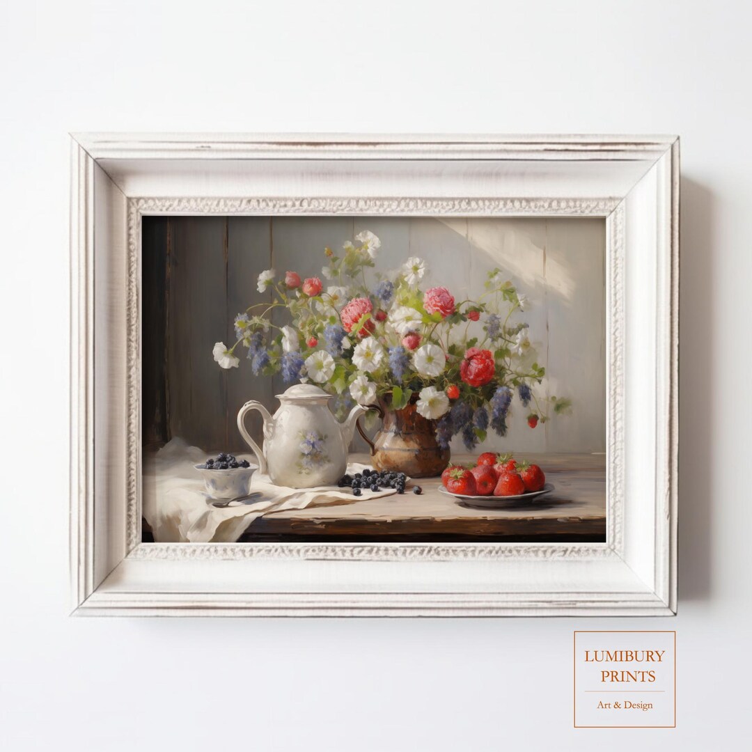 Floral Wall Art, Berry Print Art, Floral Teapot Wall Art, Rustic ...