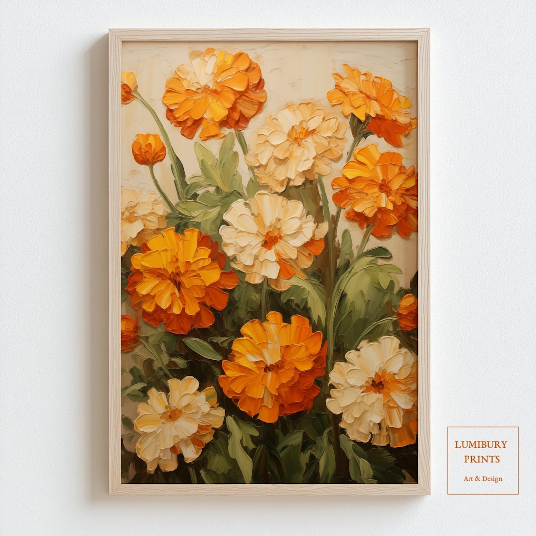Marigold Wall Art, Autumn Flower Print, Rustic Flower Art, Botanical ...