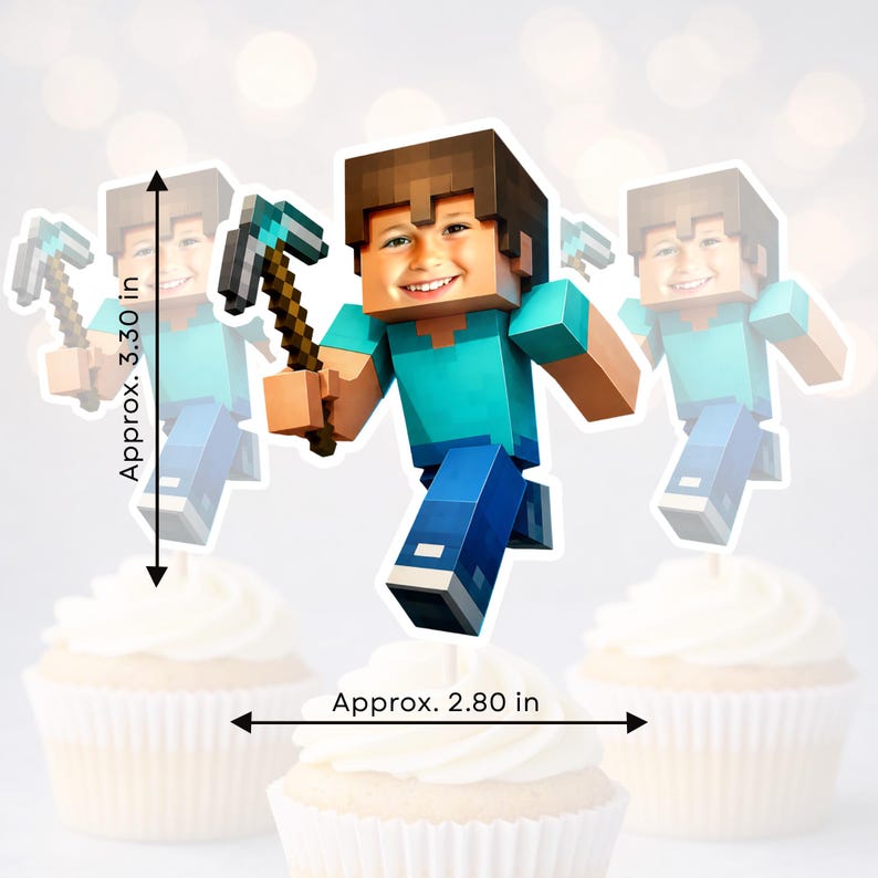 Personalized Pixel Gamer Pickaxe Cupcake Topper, Custom Face Block ...