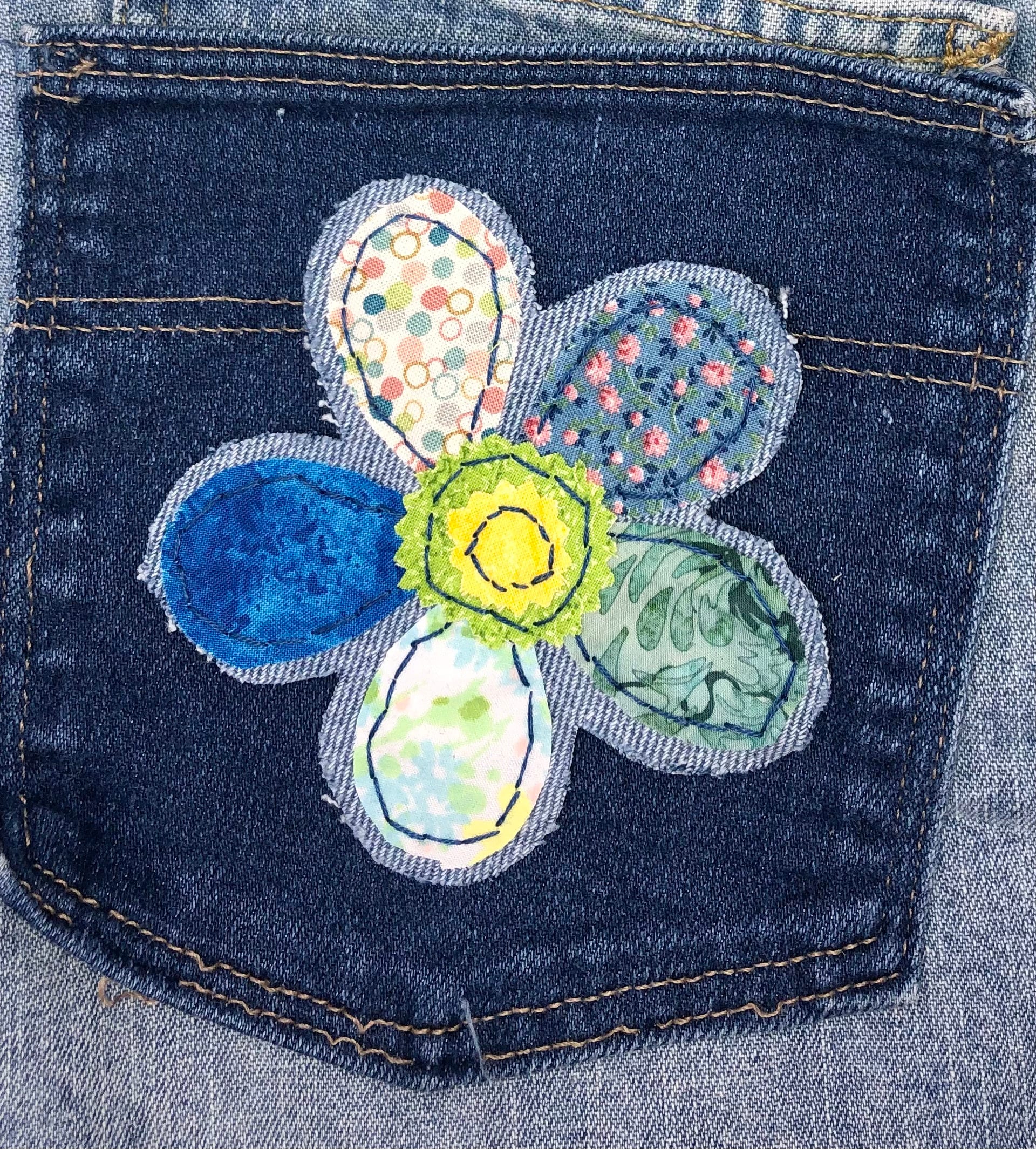 Blue Calico Stitched BOHO FLOWER Denim PATCH Boho Hippie Flower Patches ...