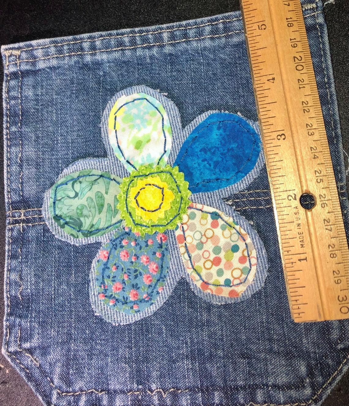 Blue Calico Stitched BOHO FLOWER Denim PATCH Boho Hippie Flower Patches ...