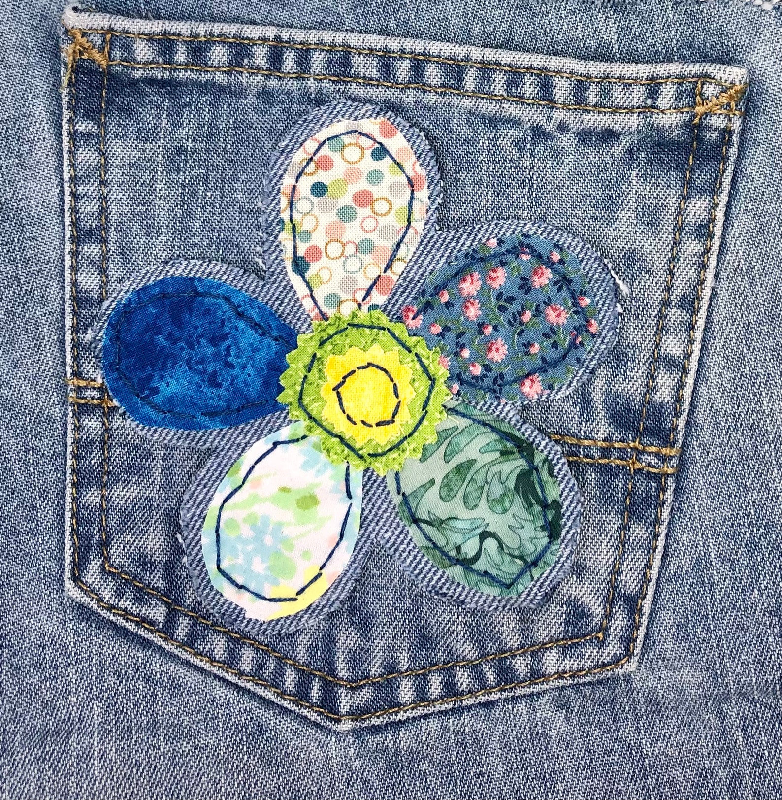 Blue Calico Stitched BOHO FLOWER Denim PATCH Boho Hippie Flower Patches ...