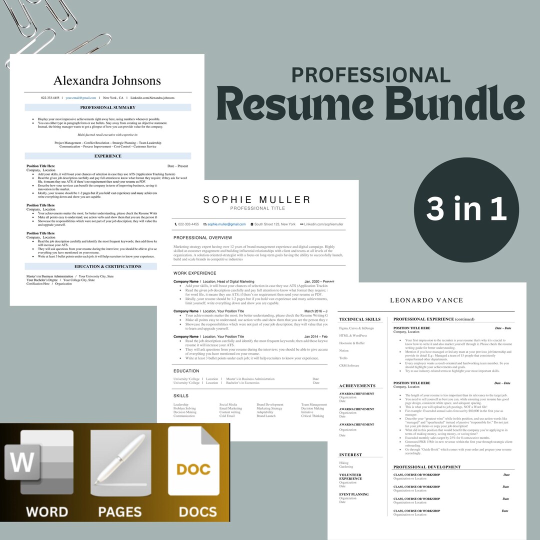 Resume Bundle, 3 Resume Template Set, 3 in 1, ATS Friendly Resume ...
