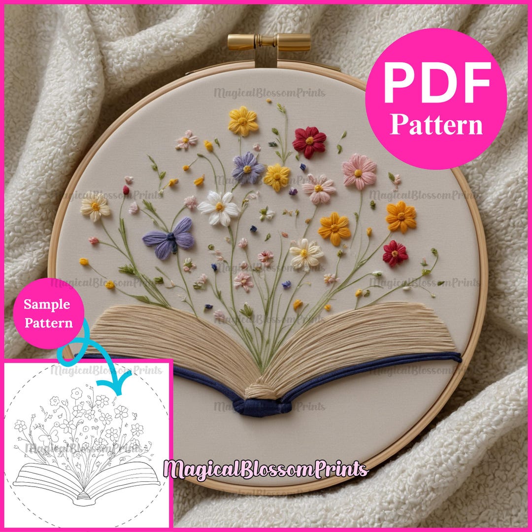 Floral Book Embroidery Pattern PDF, Whimsical Butterfly Embroidery for ...