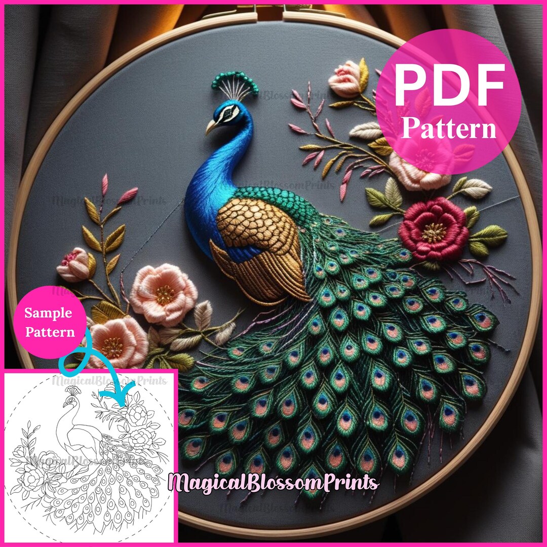 Peacock Hand Embroidery Pattern PDF Template, Festive Bird Hand ...