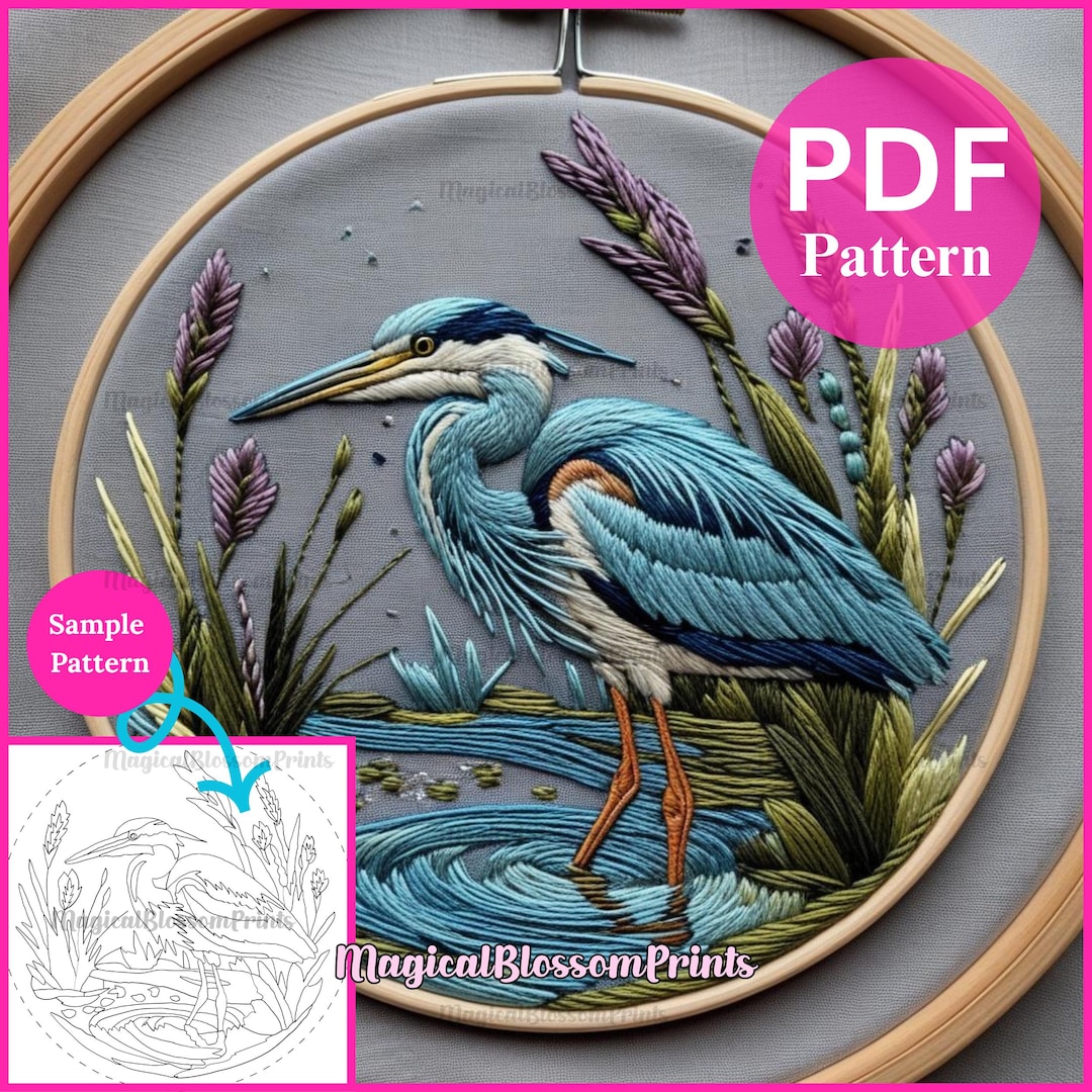 Blue Heron Embroidery Pattern, Coastal Bird Hoop Art, Floral Bird ...