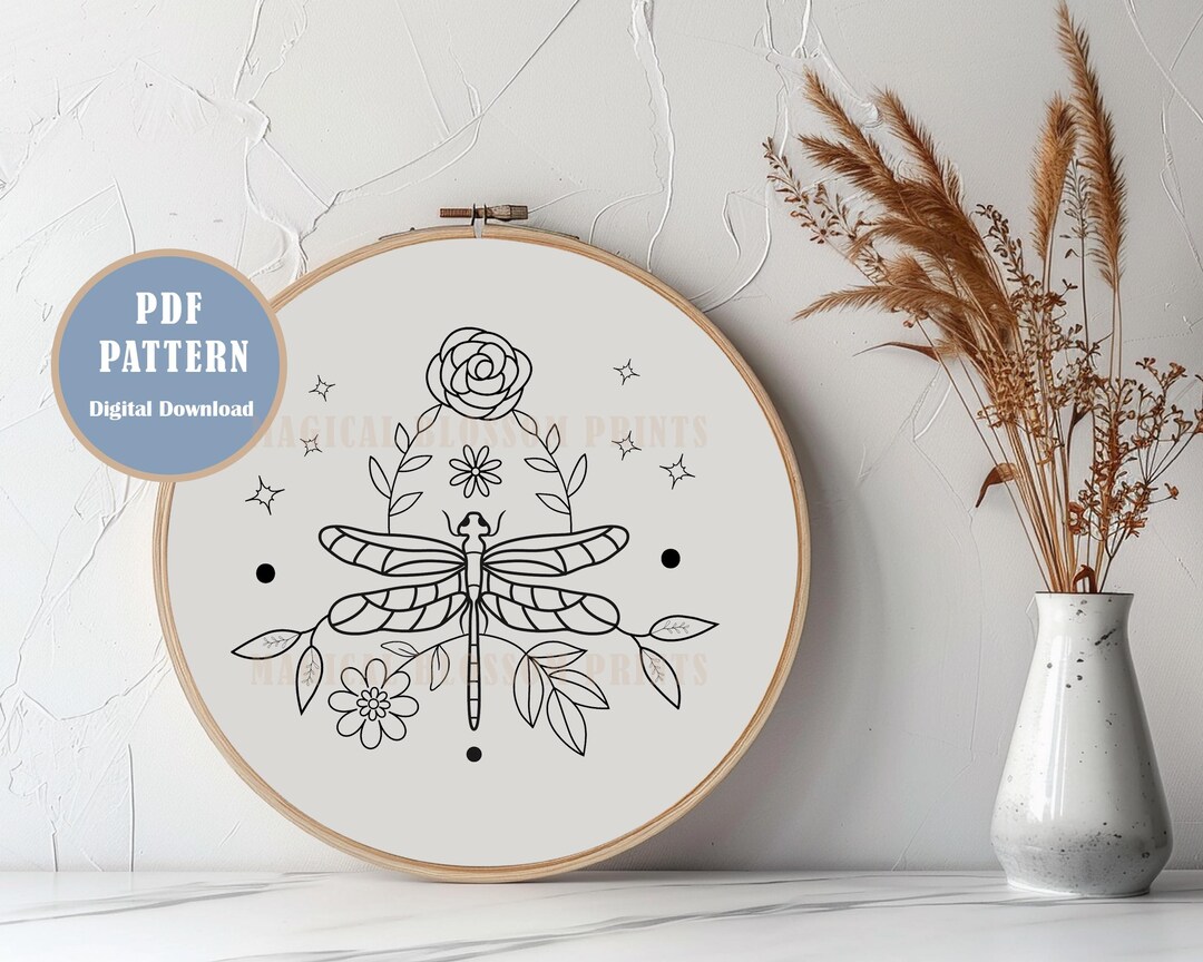 Dragonfly Floral Hand Embroidery Pattern: Botanical Design (PDF) - Etsy