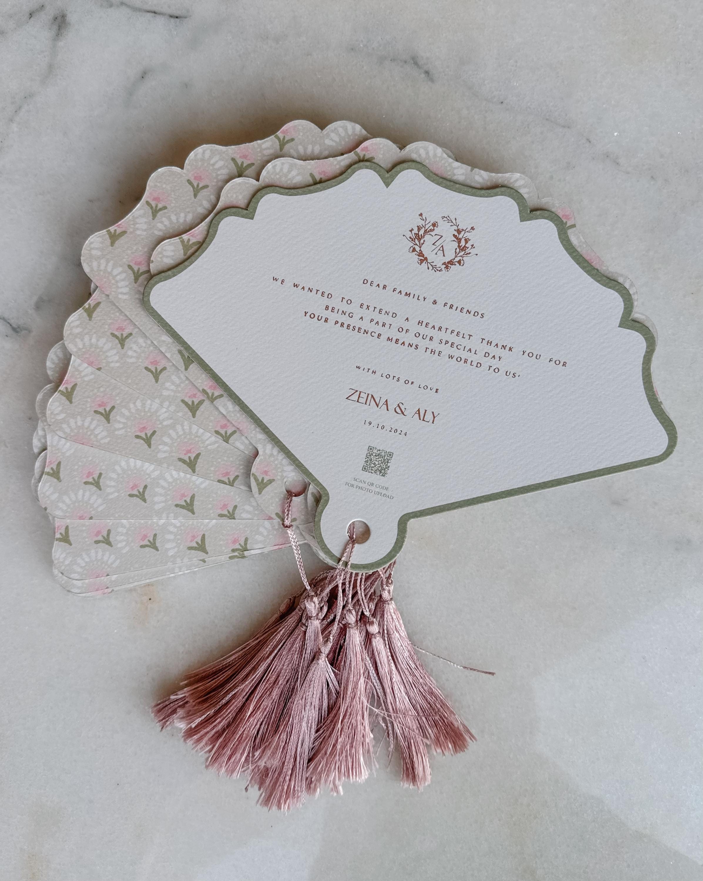 Floral Rosegold Wedding Paper Fans With Thank You Note and Patterned ...