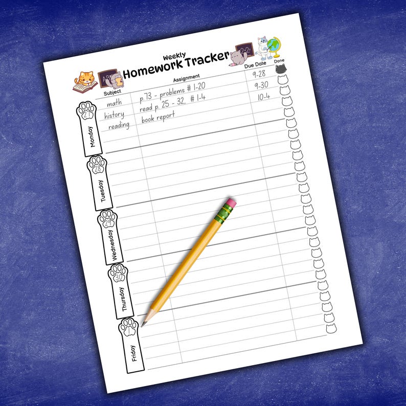Homework Tracker, Student Planner Page, Assignment Log, Homework ...