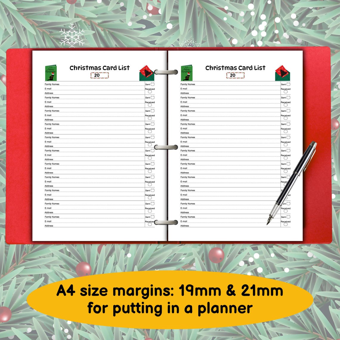 Christmas Card List Tracker for Cat Lover, Editable PDF for Christmas ...