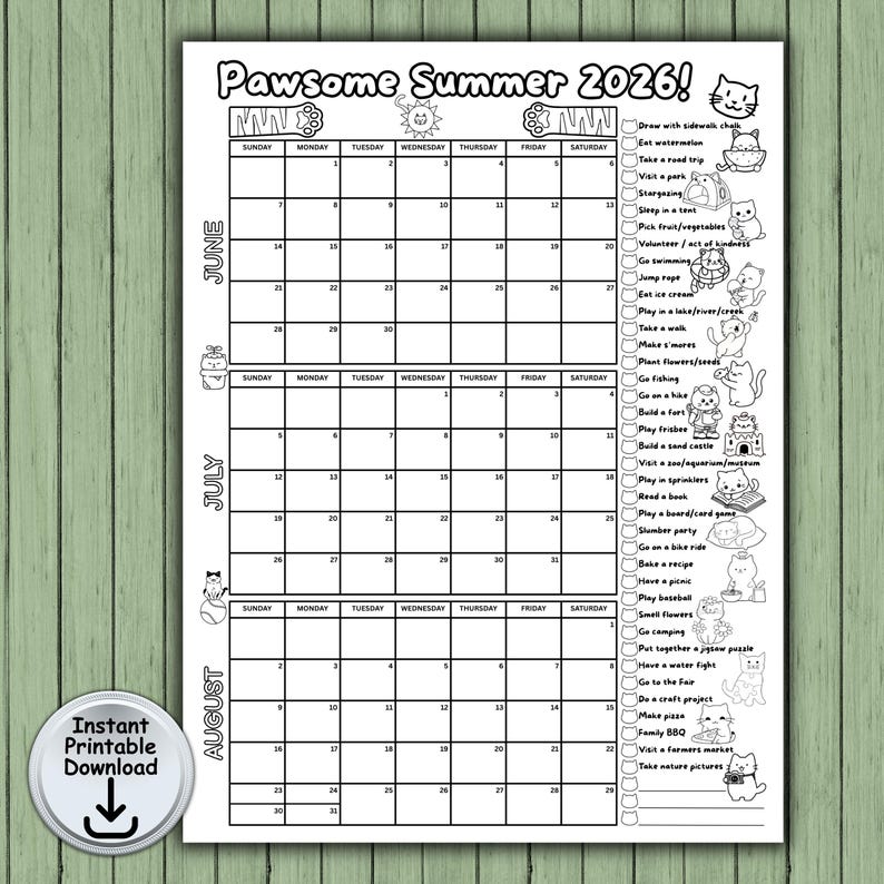 Kid Summer Bucket List Cat Calendar 2026 With Coloring Activity ...