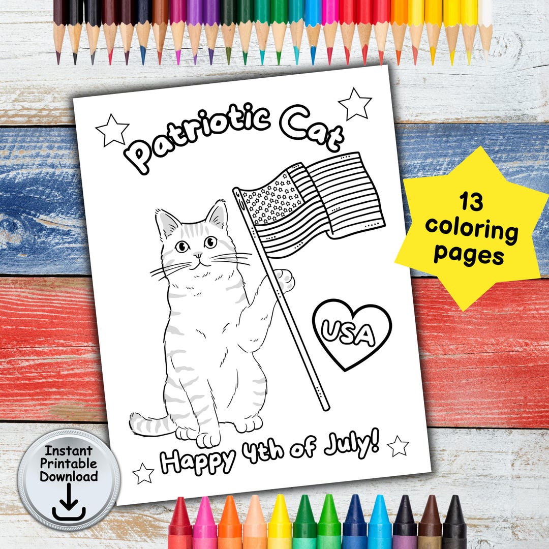 4th of July Cat Coloring Page Set, Patriotic Cat Coloring Pages ...
