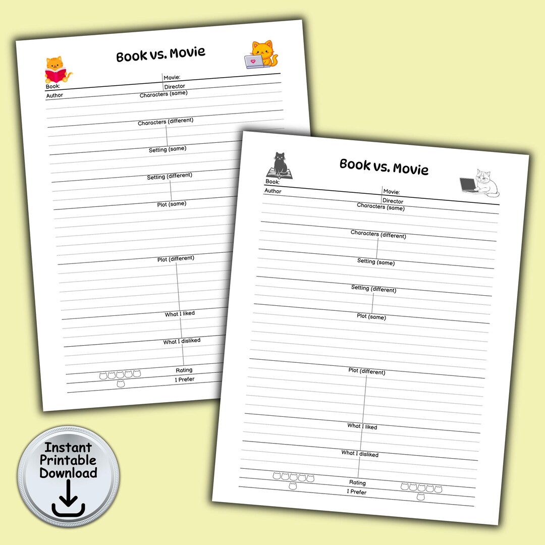 Cat Theme Book Vs. Movie Compare Contrast Template for Reading Journal ...
