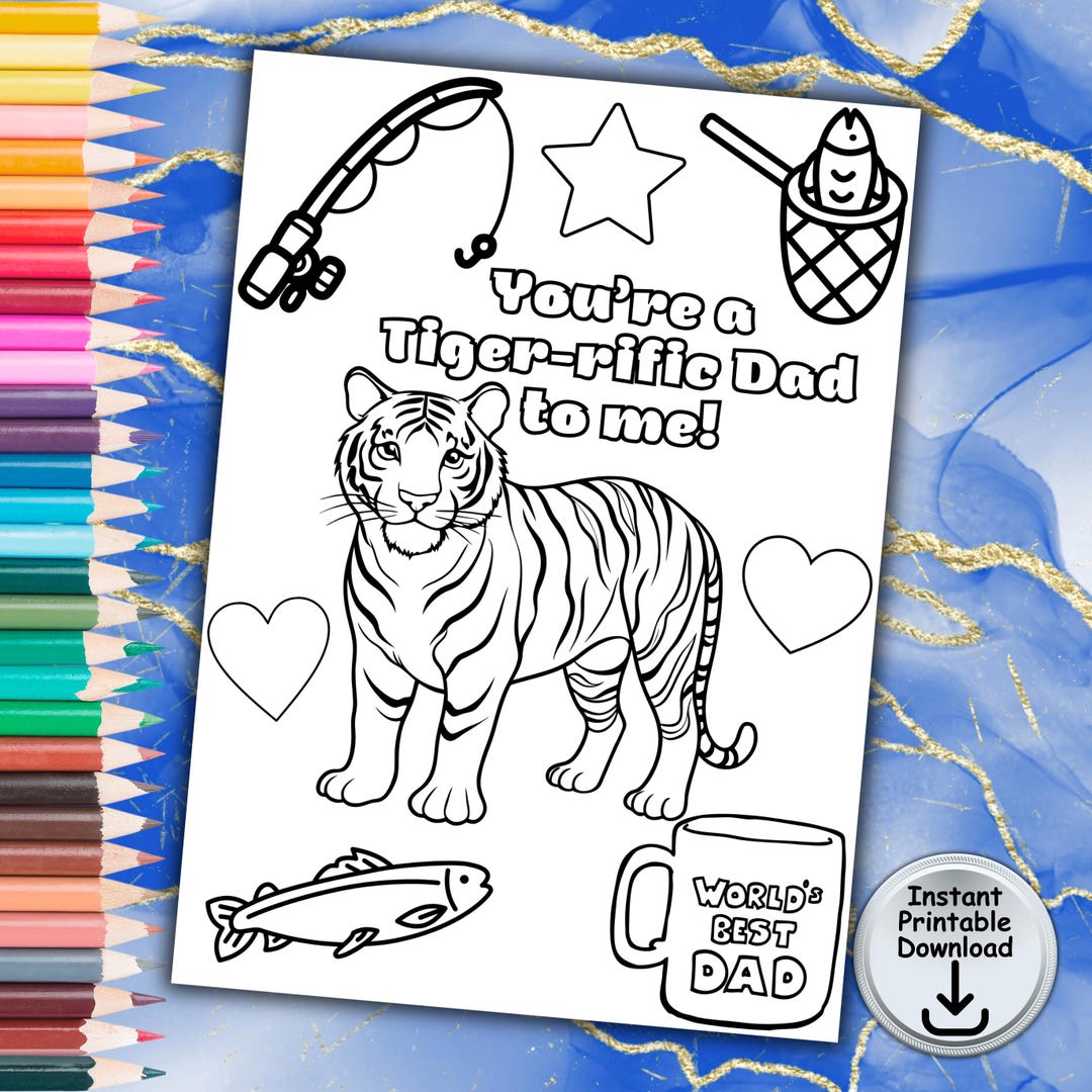 Father's Day Coloring Card, Kid Color Card, Tiger-rific Dad Card, Cat ...