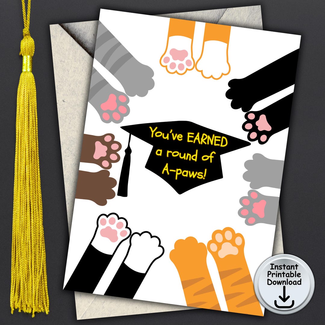 Graduation Card, Round of A-paws Card, Cat Lover Card, Cat Pun Card ...