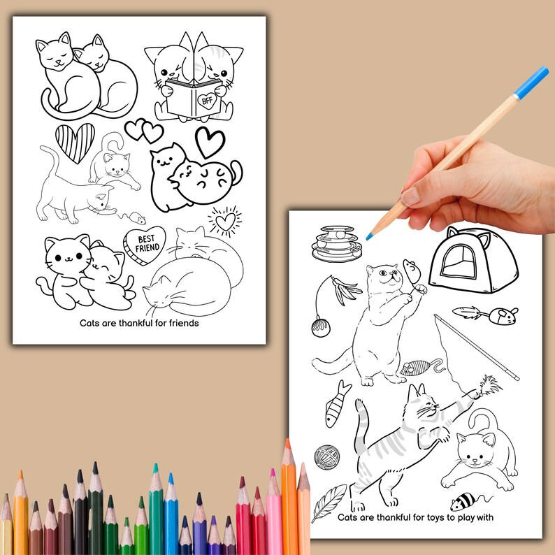 Kids Thanksgiving Cat Coloring Book Pages, Thankful Cats for Cat Lover ...