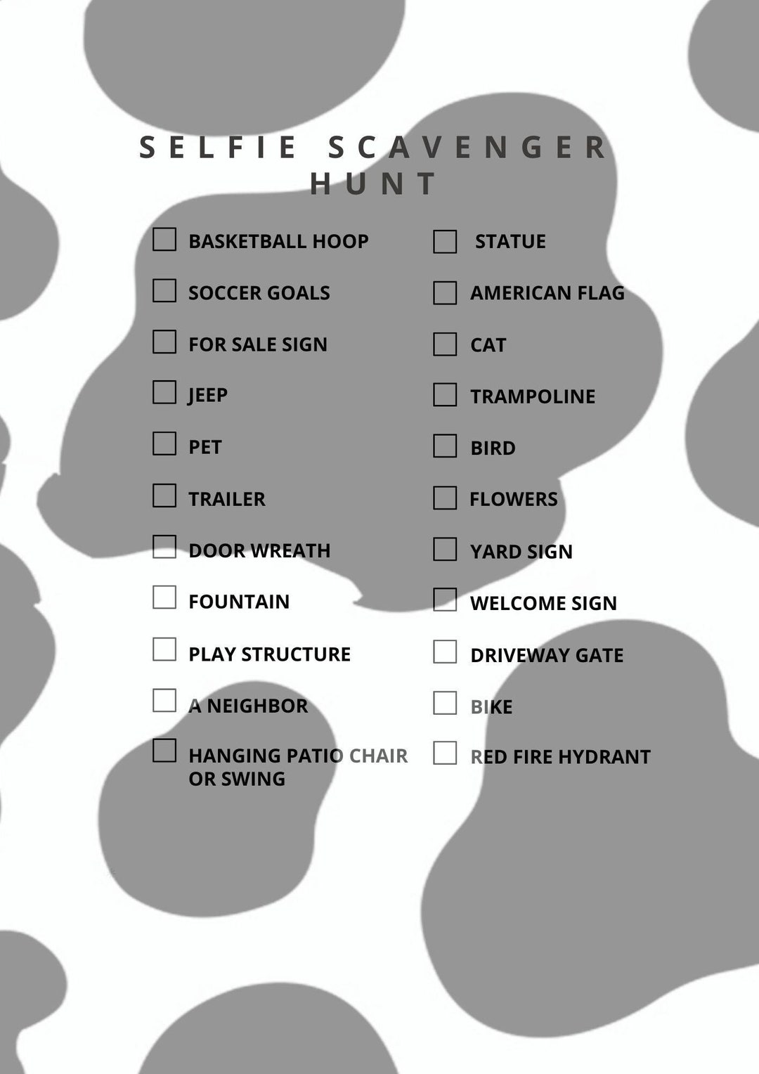Selfie Scavenger Hunt for Birthday Party PDF Printable Cow Print With ...