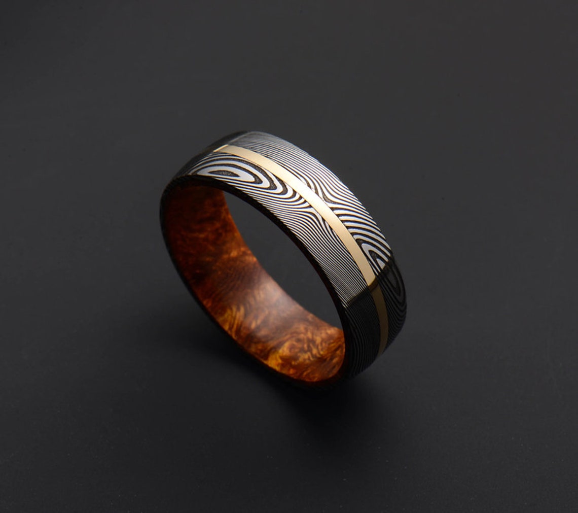 Genuine Stainless Damascus Steel and 18K Yellow Gold Desert Ironwood ...