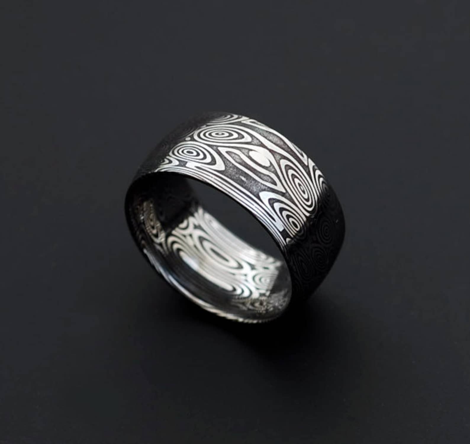 Genuine Stainless Damascus Steel Mens Ring Face Damascus Pattern Width ...