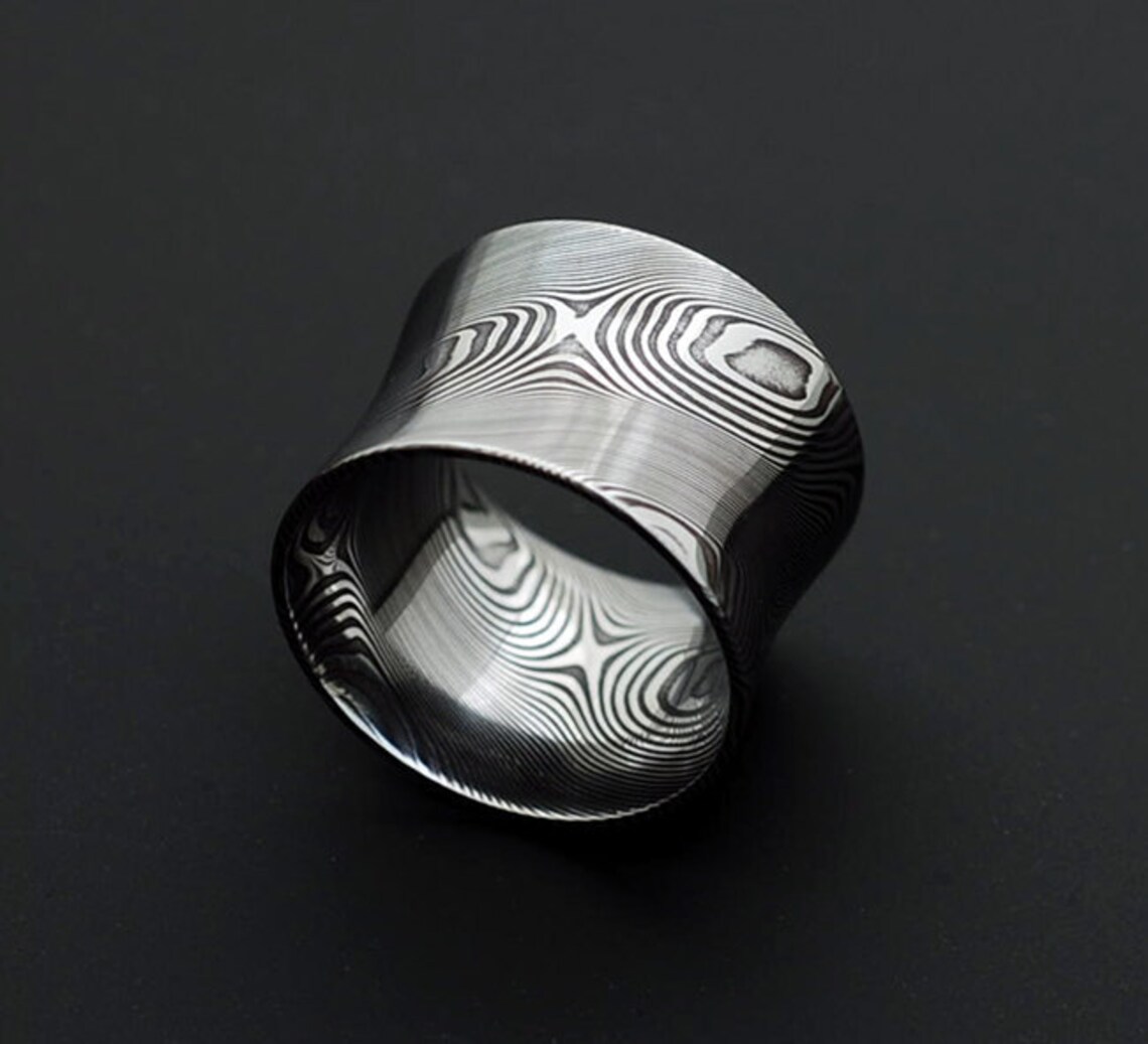 Genuine Stainless Damascus Steel Mens Concave Ring Width - Etsy