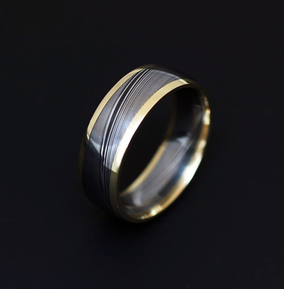 Genuine Stainless Damascus Steel and 18K Yellow Gold Mens Ring - Etsy