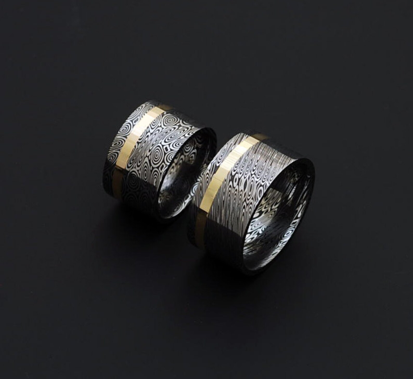 Genuine Stainless Damascus Steel and 18K Yellow Gold Wedding Band Set ...