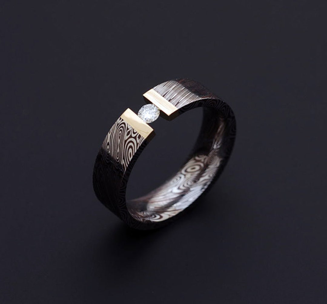 Genuine Stainless Damascus Steel With 18K Yellow Gold and Diamond Ring ...