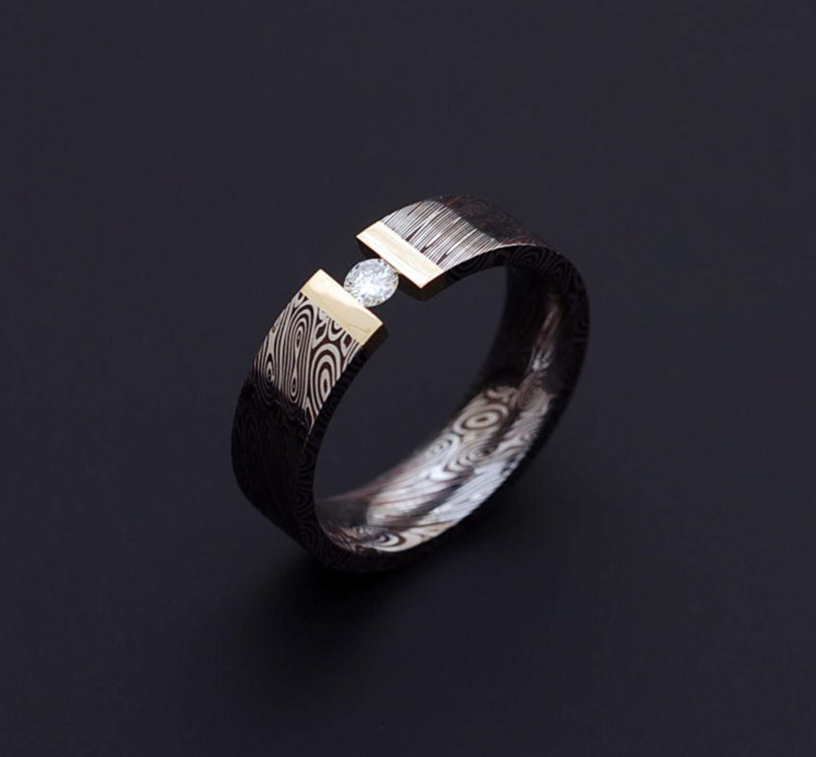 Genuine Stainless Damascus Steel With 18K Yellow Gold and Diamond Ring ...