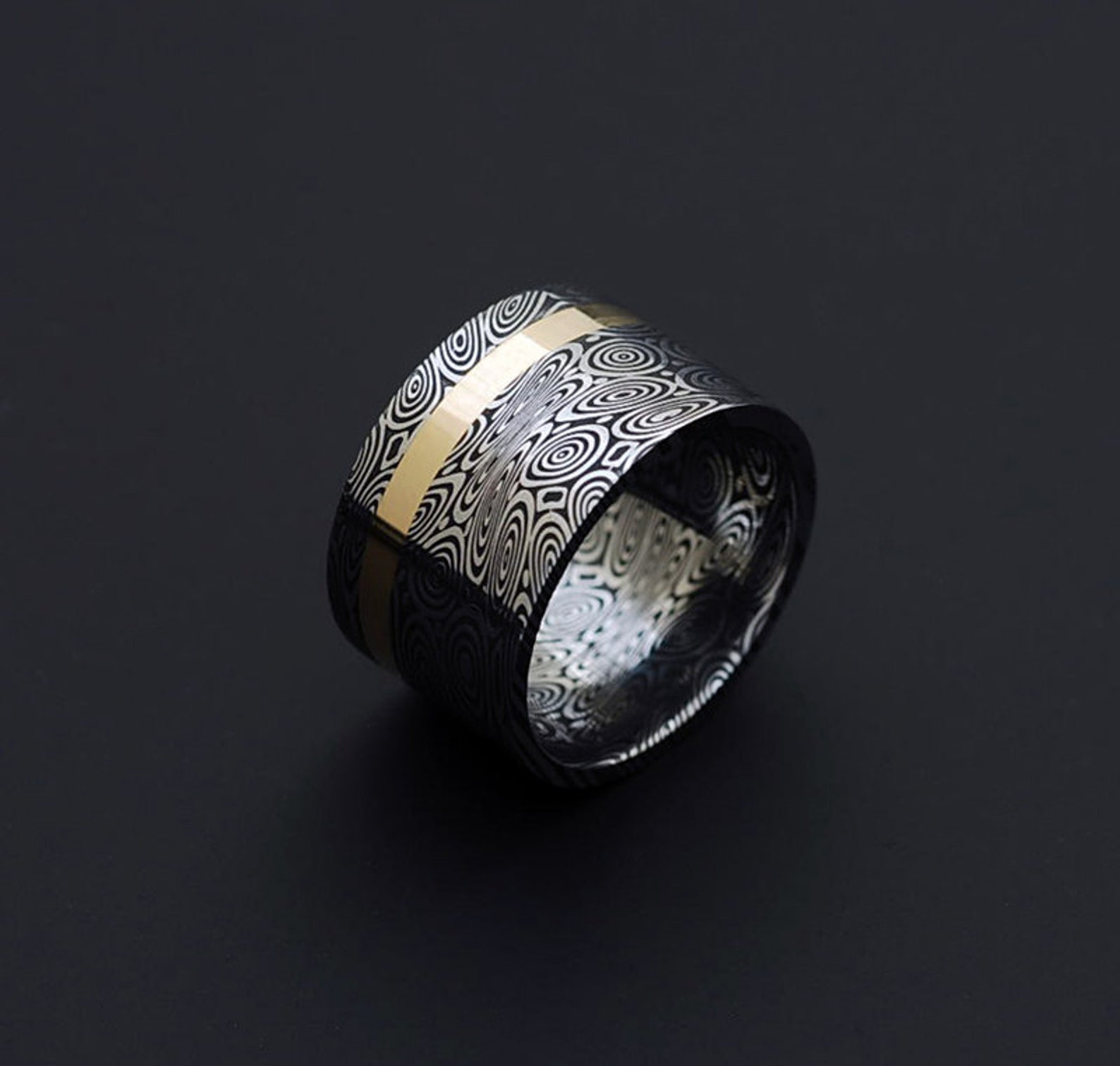 Genuine Stainless Damascus Steel and 18K Yellow Gold Women Ring - Width ...
