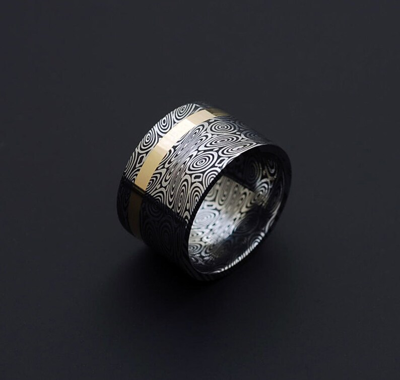 Genuine Stainless Damascus Steel and 18K Yellow Gold Women Ring - Width ...