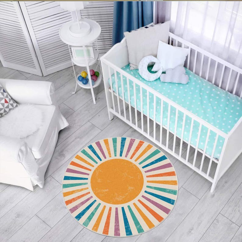 Round Kids Rug, Washable Nursery Rug, Non Slip Playroom Carpet, Baby ...