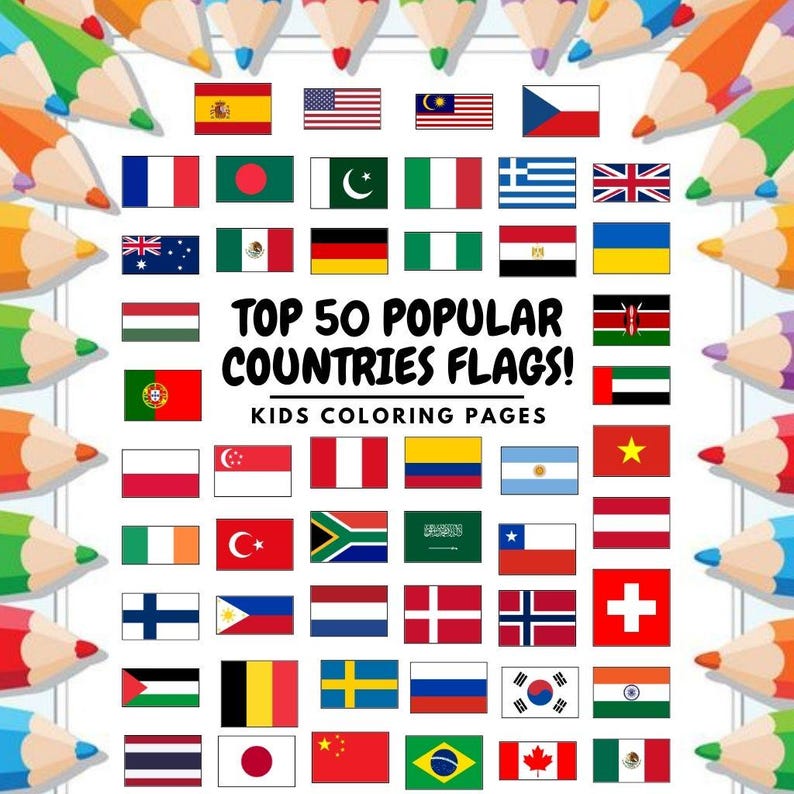 Dibujos de banderas para colorear para niños, 50 países (PDF) - Etsy México