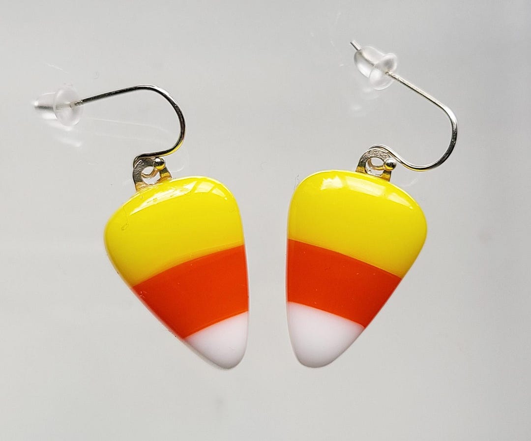 HALLOWEEN Fused Glass CANDY CORN Earrings, 925 Sterling Silver Ear ...
