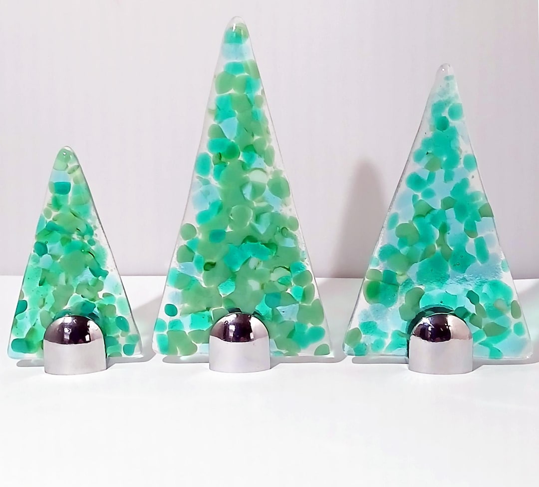 3 Fused Glass CHRISTMAS Trees in Chrome Stands, 3-4.5, Holiday ...