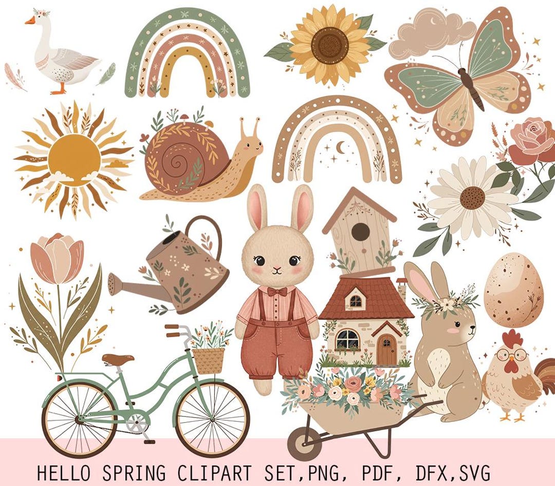 Boho Spring Clipart Set: Animals, Flowers, Rainbows (SVG, PNG) - Etsy