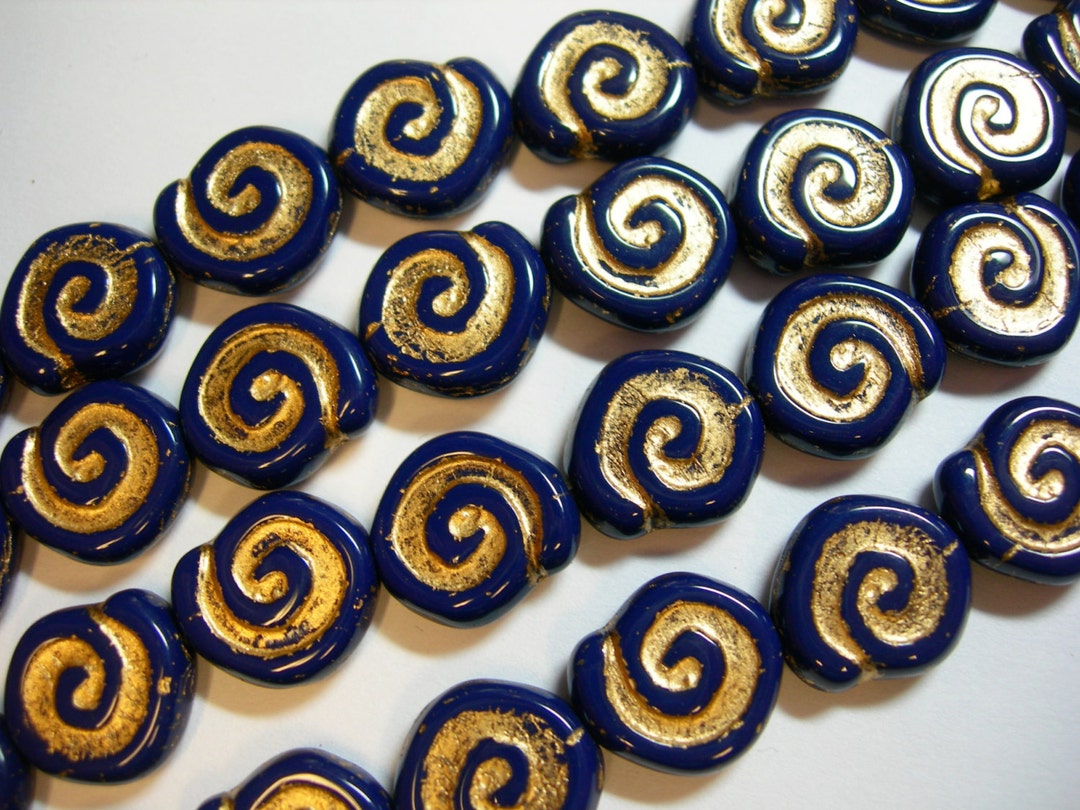 12 - 12mm Navy Blue With Gold Snail Shell Swirl Spiral Coin Czech Glass ...