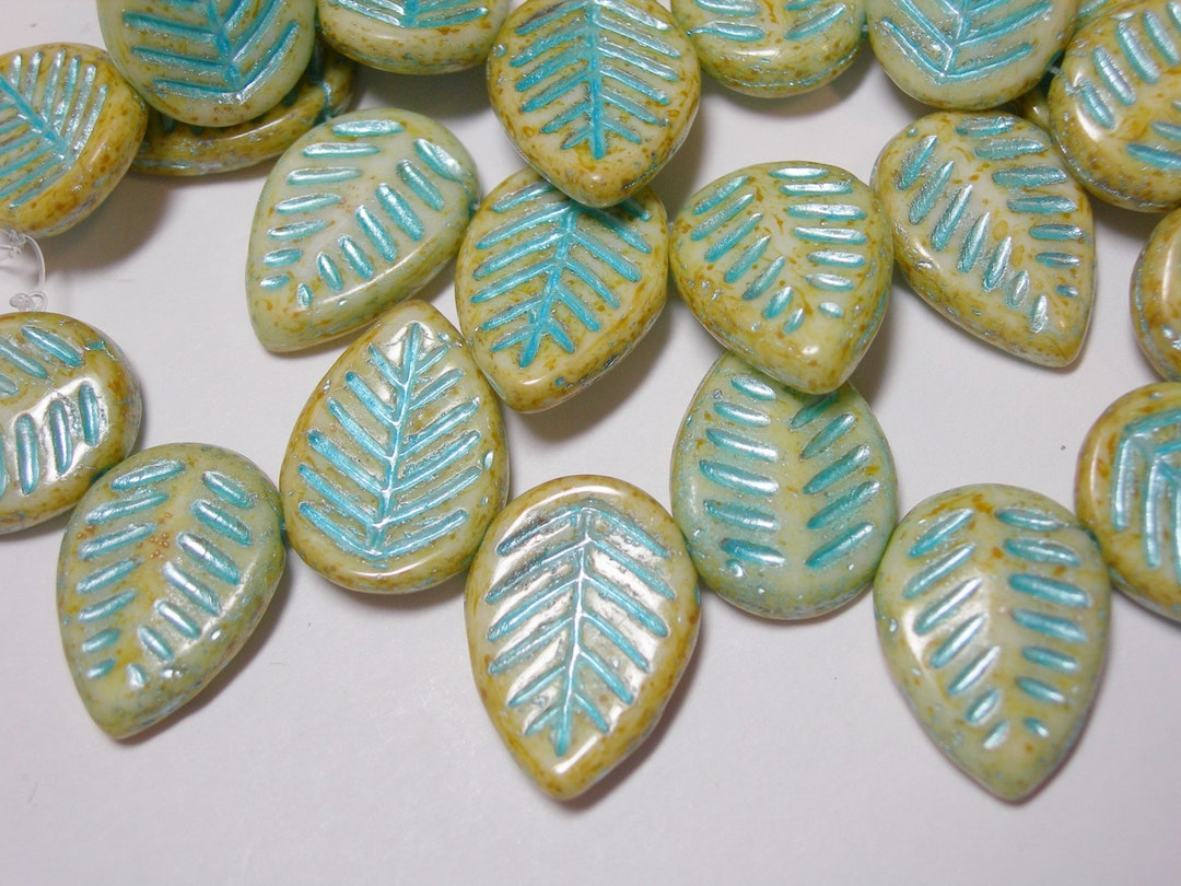 15 Beads - Ivory With Metallic Blue Czech Glass Leaf Beads Side Drilled ...