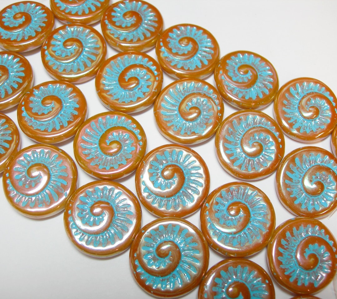 6 - 18mm Orange Luster W/ Turquoise Fossil Snail Shell Swirl Spiral ...