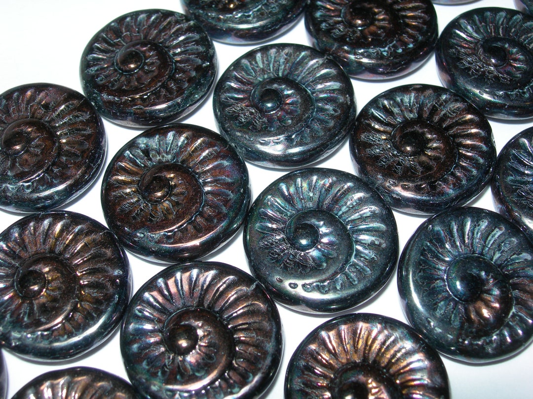 6 18mm Black Oil Slick Fossil Snail Shell Swirl Spiral Coin Czech Glass ...