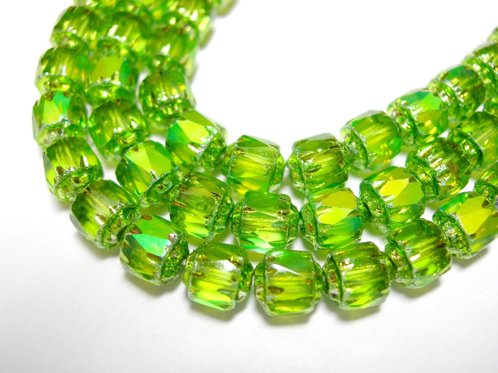 25 6mm Lime Green Apollo With Metallic Ends Firepolished Cathedral ...