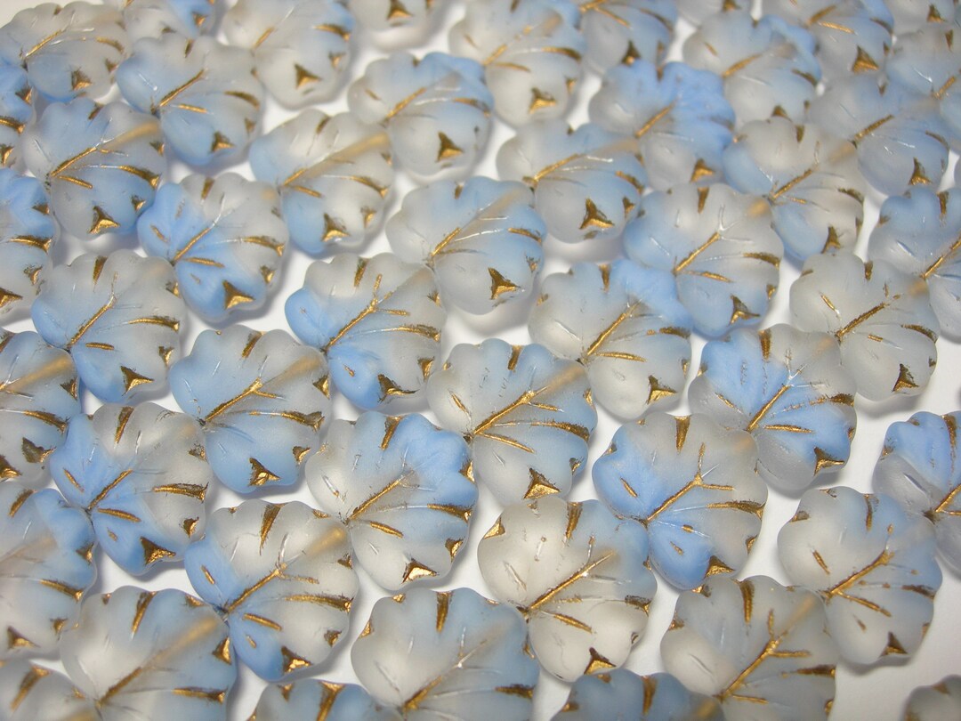 12 Beads Matte Blue Clear Blend With Gold Czech Glass Maple Leaf Beads ...