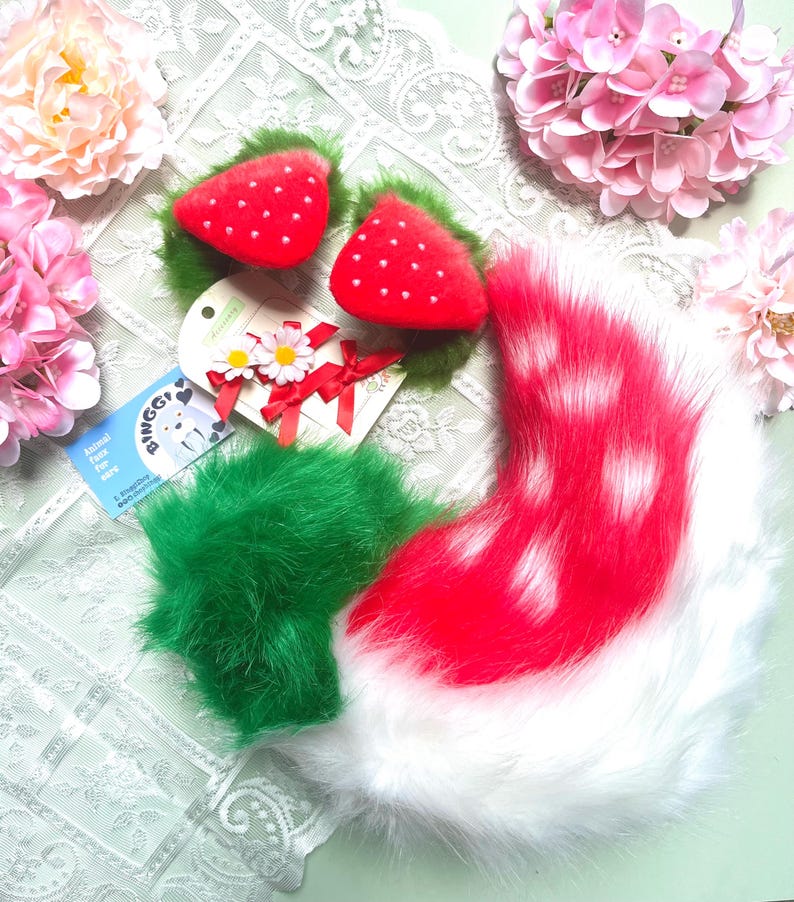 Strawberry Puppy Ears & Tail Set: Faux Fur Cosplay, Removable Bows ...